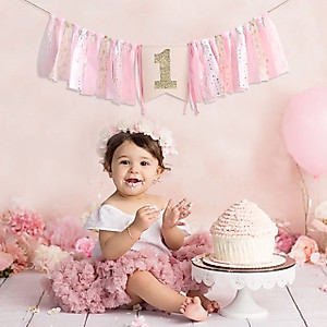 WAOUH Pink Highchair Banner - High chair Banner Decoration for First/1st Birthday, Cake Smash Photo Prop, Baby Girl Shower Anniversary Party, Gold one Birthday Sign.