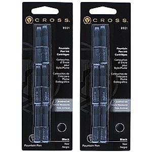 2 Packs - Cross Fountain Pen Cartridge Ink Refills, Black Ink Cartridges, 6 per card (8921)