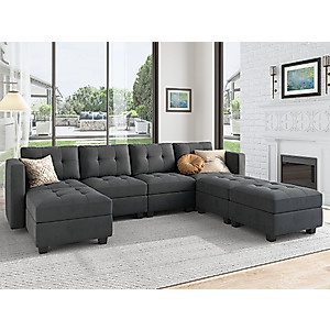 HONBAY Modular Sectional Sofa Oversized U Shaped Couch with Storage Seat Velvet 7 Seater Modular Sofa with Reversible Chaises, Bluish Grey