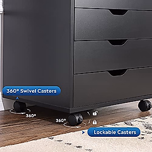 DEVAISE 5-Drawer Chest, Wood Storage Dresser Cabinet with Wheels, Black