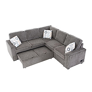 Pull Out Couch Sectional Sleeper Sofa L Shaped Convertible Sofa Bed with 2 USB Ports, 2 Power Sockets and 3 Pillows for Living Room, Bedroom, Office, 83" Brown