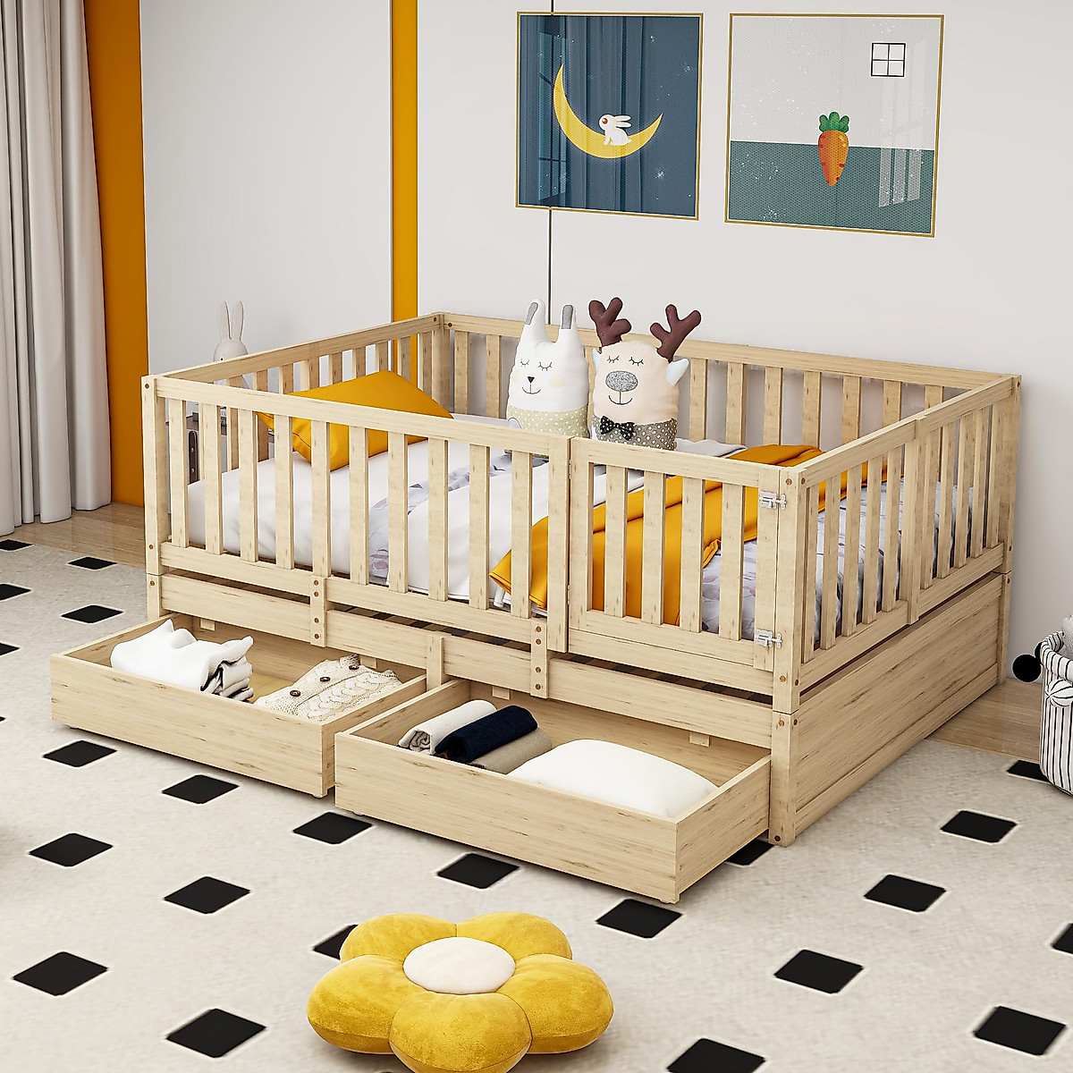 RUNNA Multifunction Full Size Wood Daybed with Fence Guardrails and 2 Drawers, Split into Independent Floor Bed & Daybed for Kids Girls Boys (Natural#8)