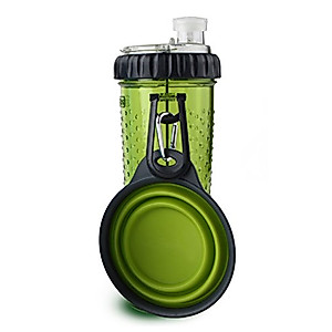 Dexas Popware for Pets Snack Duo Dual Chambered Hydration Bottle and Snack Container with Collapsible Pet Cup, Green