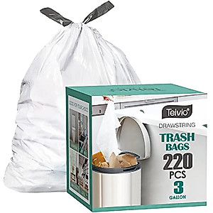 3 Gallon 220pcs Strong Drawstring Trash Bags Garbage Bags by Teivio, Bathroom Trash Can Bin Liners, Small Plastic Bags for home office kitchen, White