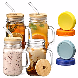 Mason Jars with Handle, Glass Mugs with Glass Straws and Bamboo Lids & Colorful Airtight Lids 4pcs Set - 16oz Old Fashioned Drinking Glass Cups, Reusable Travel Tumbler for Iced Coffee, Smoothie, Tea