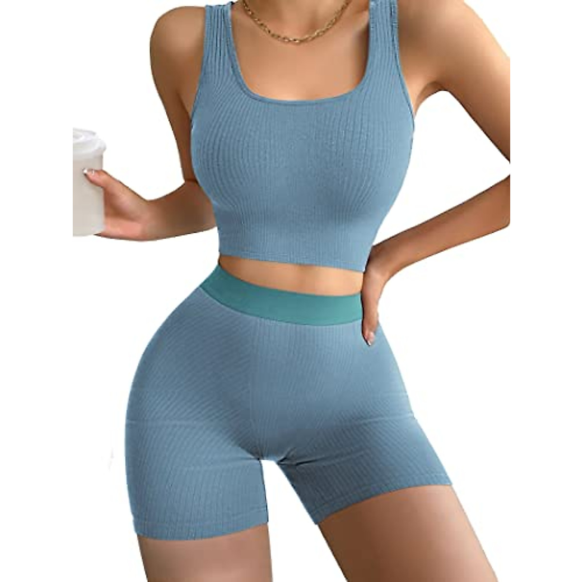Ekouaer Sweatsuits for Women Knit Loungewear Set Tank and High Waist Shorts Pj Set Summer Casual Sleepwear Blue,Small