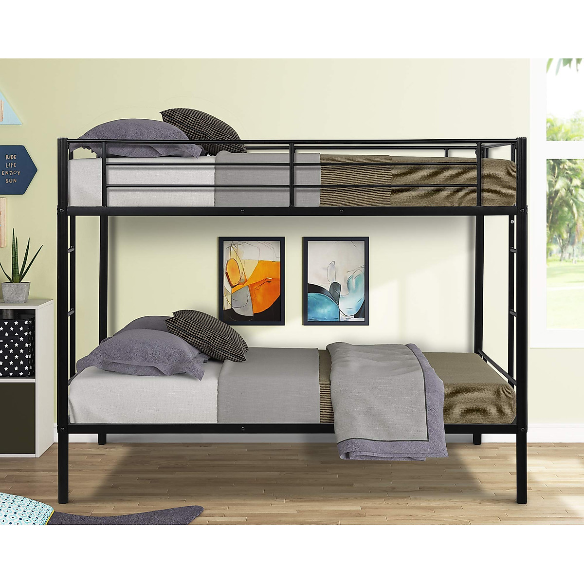 Twin Over Twin Metal Bunk Beds with 2 Side Ladders, Heavy Duty Bed Frame with Guardrail for Dormitory Bedroom Boys Girls Adults,No Box Spring Needed,Black