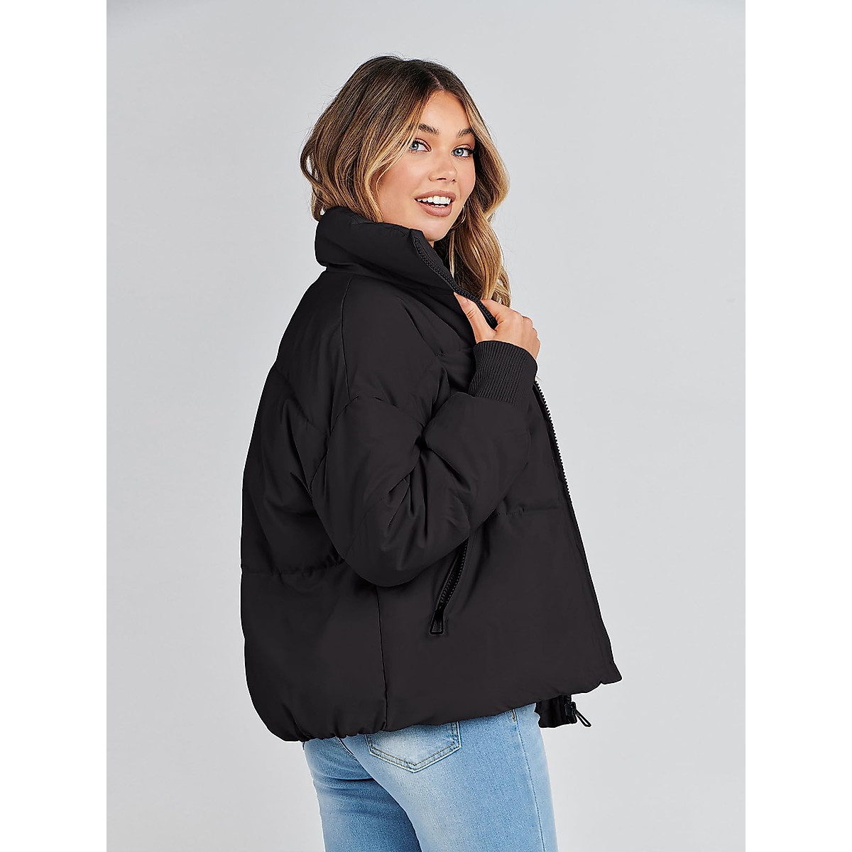 MEROKEETY Women's 2025 Winter Long Sleeve Zip Puffer Jacket Pockets Baggy Short Coats, Black, L