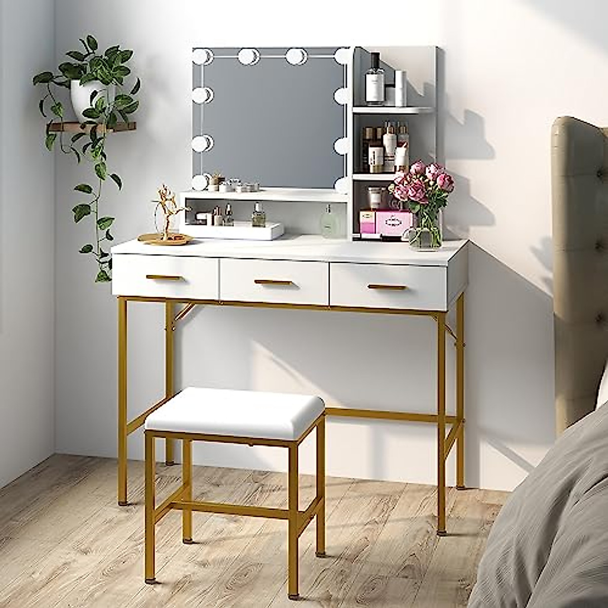 Vanity Table with Lighted Mirror, 3 Drawers Makeup Desk Dressing Table with Lots Storage Vanity Set with Wider Cushioned Stool for Bedroom (White)
