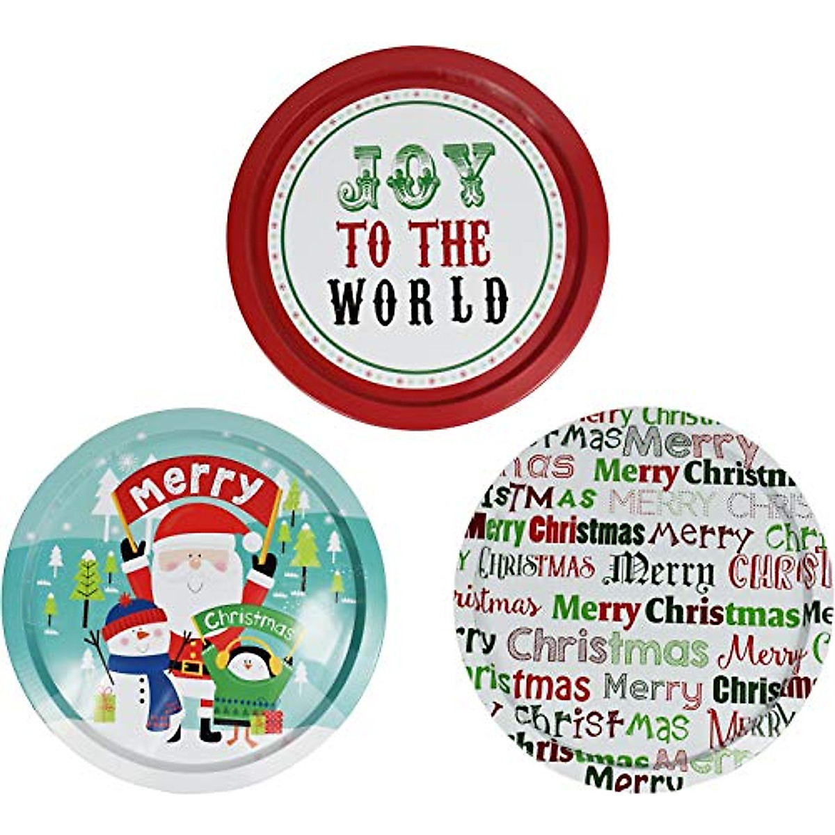 Set Of 3 Holiday Christmas12" Round Serving Tin Trays- Santa, Penguin, & Snowman