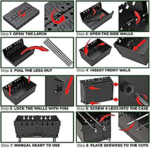 Charcoal Grill for 8 Skewers - Portable Barbecue 16.9"×11.8"×23.6" Kabob Camp Grills - Foldable Metal Mangal - Kebab Shish - BBQ for EDC Picnic Outdoor Cooking Camping Hiking