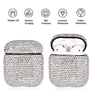 Sparkly Diamond Case for AirPods with Keychain, Shockproof Protective Premium Bling Rhinestone Cover Skin Compatible with AirPods Charging Case 2 & 1(White+AB C5)