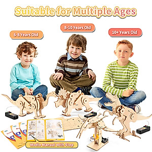 Dinosaur STEM Kits for Kids Ages 6-8-10-12, 4 in 1 Wood Building Toys for Boys Age 8-12, Build It Yourself Woodworking Kit, DIY 3D Wooden Puzzles Model Science Crafts for Kids, Stem Projects