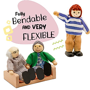 Wooden Dollhouse Family Set - 8 Piece Kit with Mom, Dad, Grandparents, Children, Baby and Dog – 100% Natural Wood, Nontoxic Paint, Smooth Edges