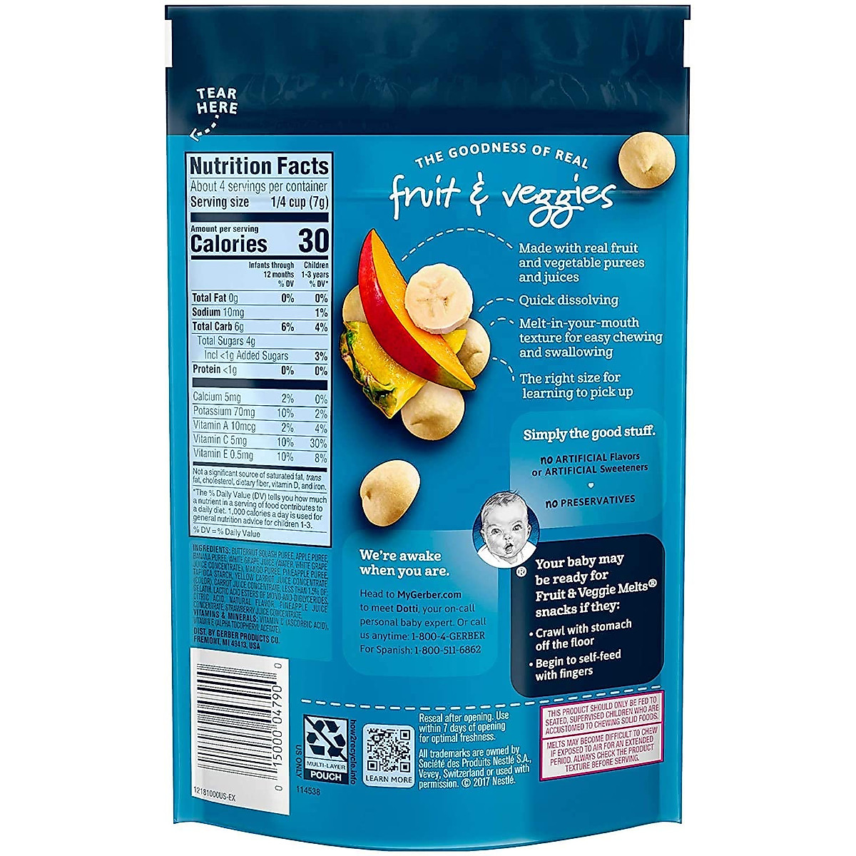 Gerber Graduates Fruit & Veggie Melts - Truly Tropical Blend, 1-Ounce (Pack of 4)