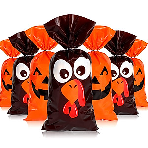 100 Pcs Thanksgiving Treat Bags 10.8'' x 5'' Pumpkin Turkey Candy Bags Fall Funny Face Cellophane Goodies Bags with 100 Twist Ties for Halloween Trick or Treat Fall Thanksgiving Party Supplies