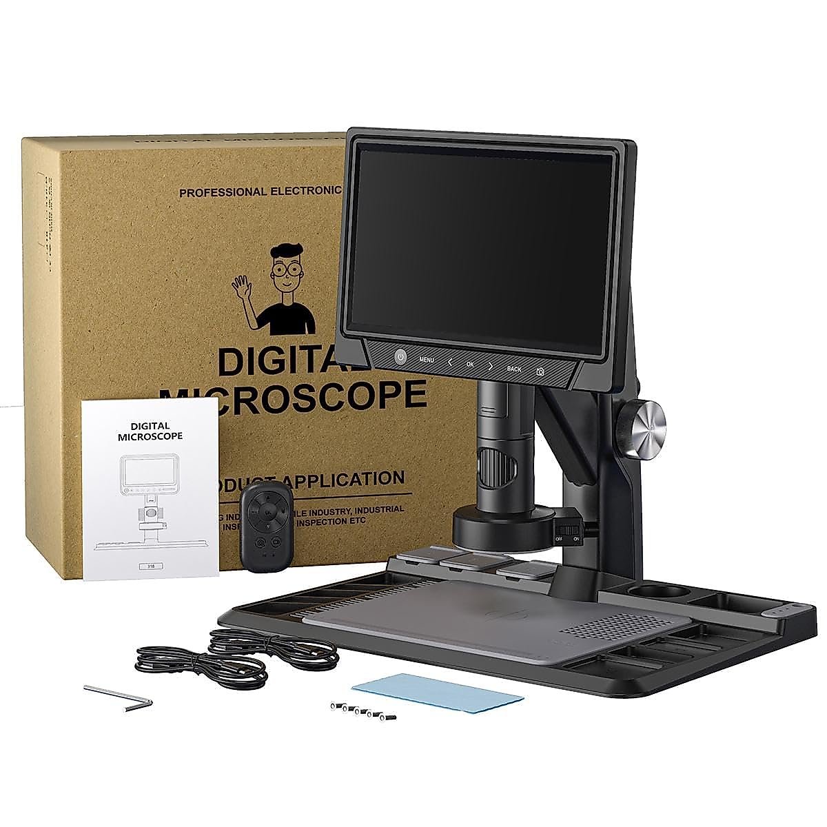 SZJMS 10.1" Digital Microscope 1600X, IPS Touch Screen Coin Microscope, 1080P 12MP Soldering Microscope with 30 Adjustable LED Lights, Parfocal Lens, Wireless Remote Control, PC Compatible