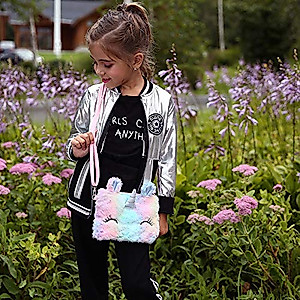 Women Girls Kids Fluffy Fuzzy Unicorn Bag Plush Tie Dye Rainbow Crossbody Purse