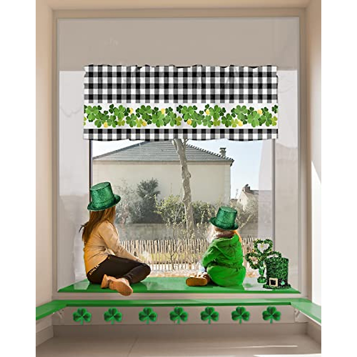 Curtain Valance for Windows St. Patrick's Day Clover Gold Kitchen Valances Rod Pocket Short Curtains,White Black Checker Plaid Window Treatment Panel for Living Room Bathroom Bedroom 60x18in