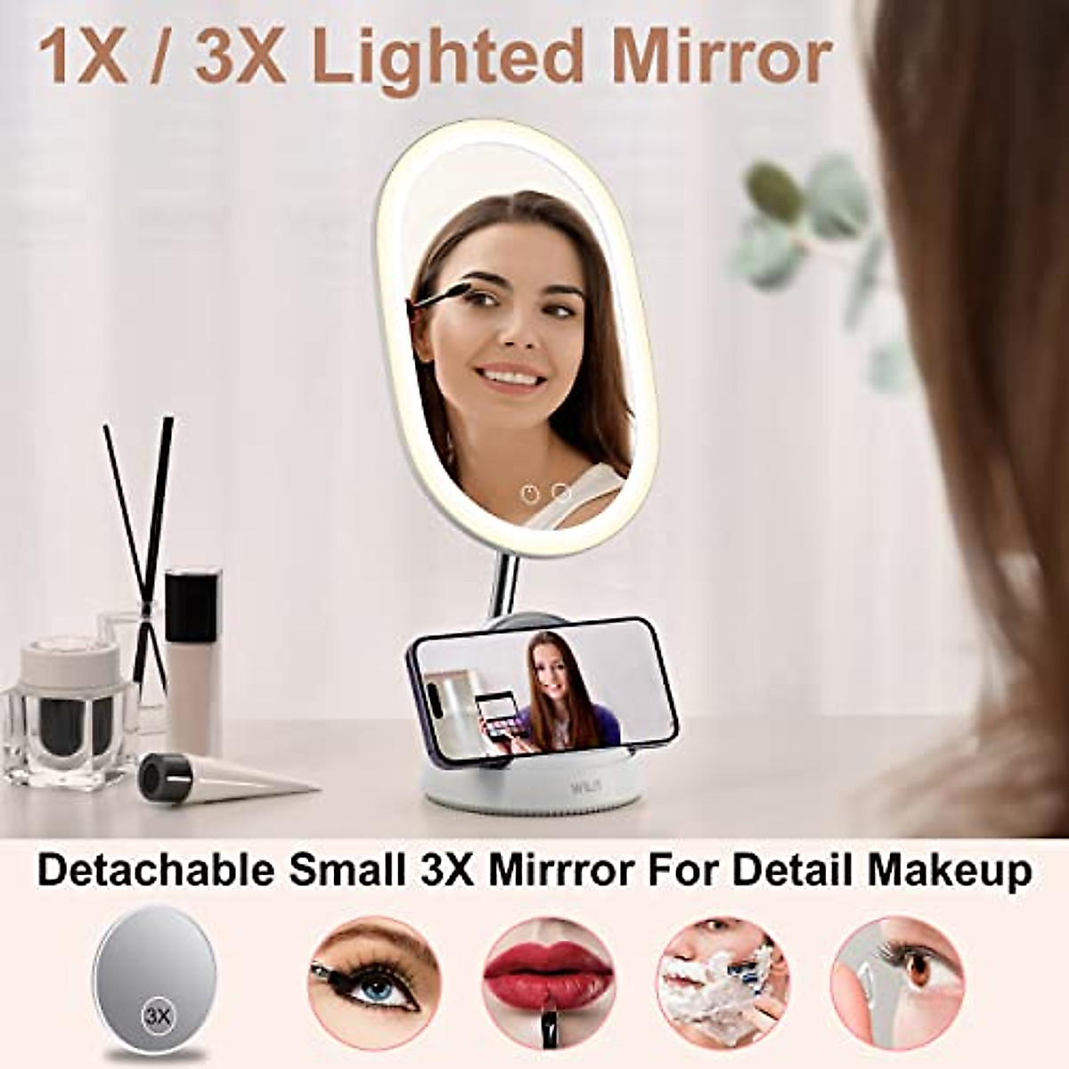 WILIT Vanity Mirror with Lights, Lighted Makeup Mirror with Detachable Magnification Mirror, 8.27 Inch 72 Premium LED Lights, 3 Colors 3 Levels Brightness Desk Cosmetic Mirror with Wireless Charger
