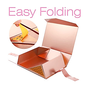 ROSEGLD Large Gift Box with Ribbon 13.5x9x4.1 Inches, Collapsible Gift Box with Lid, Bridesmaid Proposal Box, Magnetic Gift Box for Presents (Glossy Rose Gold)