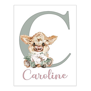 Personalized Watercolor Highland Cow Sage Green and Dusty Rose Rustic Cotton Farmhouse Baby Nursery Unframed Print