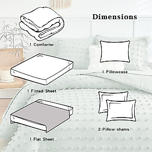6 Pieces Tufted Dots Bed in a Bag Twin Comforter Set with Sheets Green , Soft and Embroidery Shabby Chic Boho Bohemian Comforters, Solid Color with Pom Pom Design, Jacquard Tufts Bedding Set for Kids