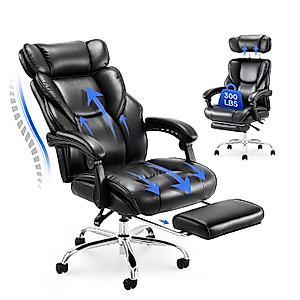 Office Chair with Footrest-Ergonomic Computer Chair with Extra Lumbar Support Pillow, High Back Executive Desk Chair Thick Bonded Leather, Large Home Office Work Chair with Wide Seat for Comfort-Black