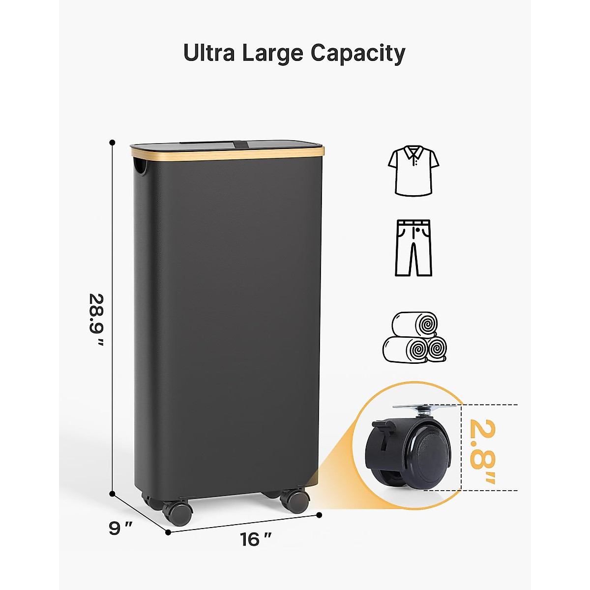 Slim Laundry Hamper with Wheels, 60L Rolling Laundry Basket with Lid and 2-Inch Silent Wheels, Small Clothes Hamper with Bamboo Handles for Clothes Toys in Dorm Bedroom Bathroom, Black