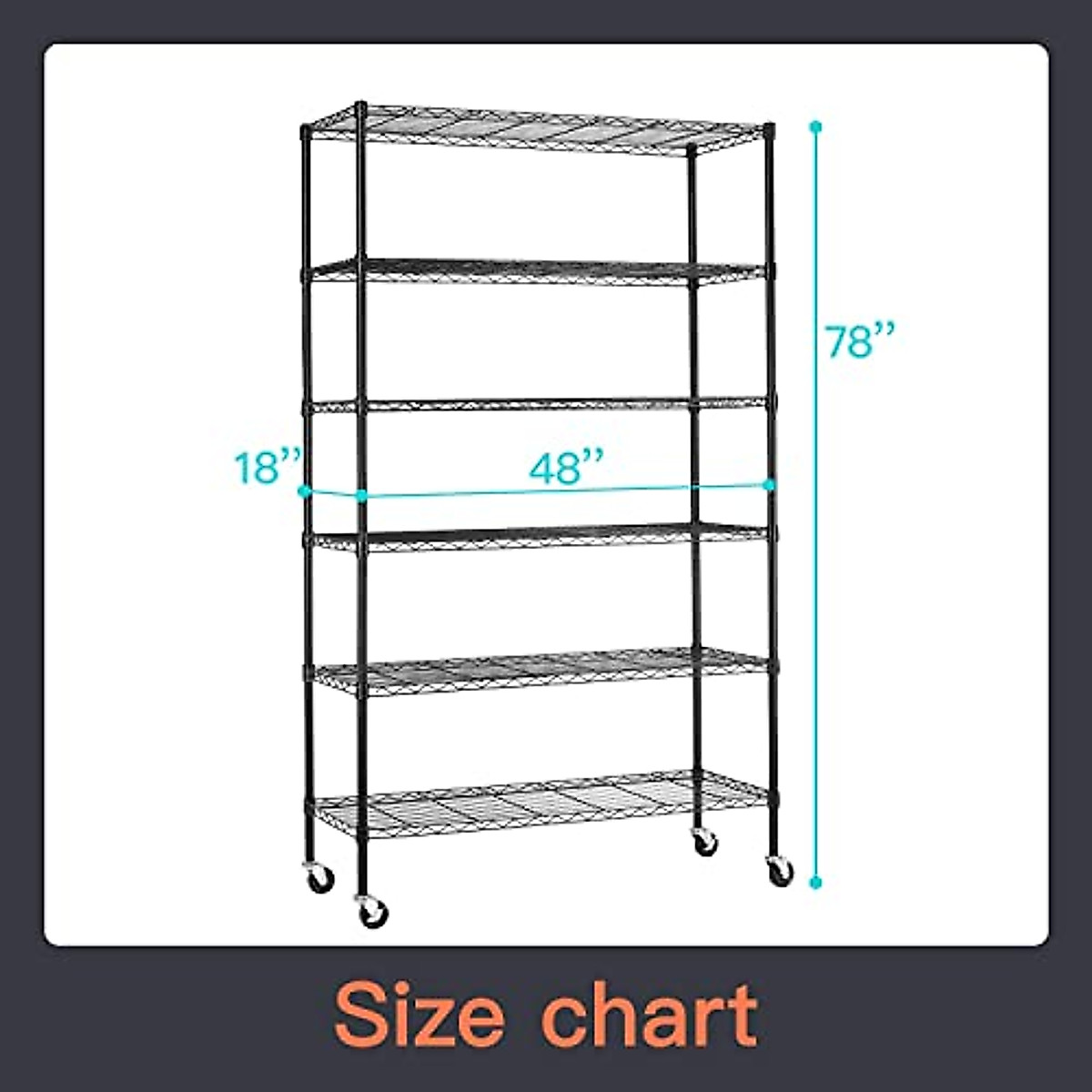 Commercial Wire Shelving Unit Metal Shelf Casters Adjustable Layer Rack Strong Steel for Restaurant Garage Pantry Kitchen Garage (48×18×72, Black)