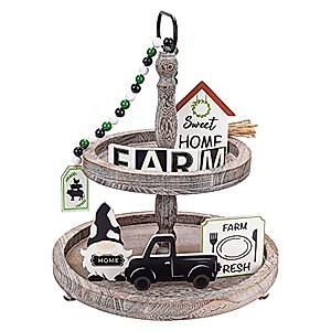 JOYYPOP Tiered Tray Decor, 9Pcs Farmhouse Decor with Wooden Sign and Beads Garland for Home Kitchen Decorations