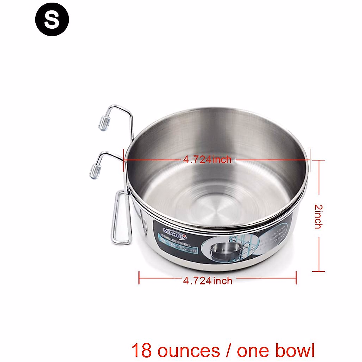 MLCINI Hanging Pet Bowl, 3 Size 2 Pack Non Spill Stainless Steel Food Water Bowls Bunny Feeder with Hook for Dogs Cats in Crate, Cage & Kennel (S/18 Ounce)