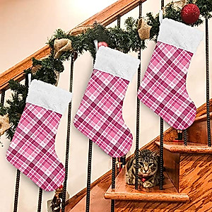 Kigai Christmas Stockings Pink Buffalo Plaid Large Candy Stockings Stuffers Kids Cute Xmas Sock Decorations 1PC for Home Holiday Party 12" x18"