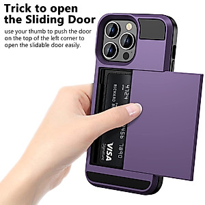 Vofolen for iPhone 14 Pro Max Case Wallet Credit Card Holder ID Slot Sliding Door Hidden Pocket Men Women Anti-Scratch Dual Layer Hybrid Bumper Armor Protective Shell Back Cover GreyPurple 6.7 inch