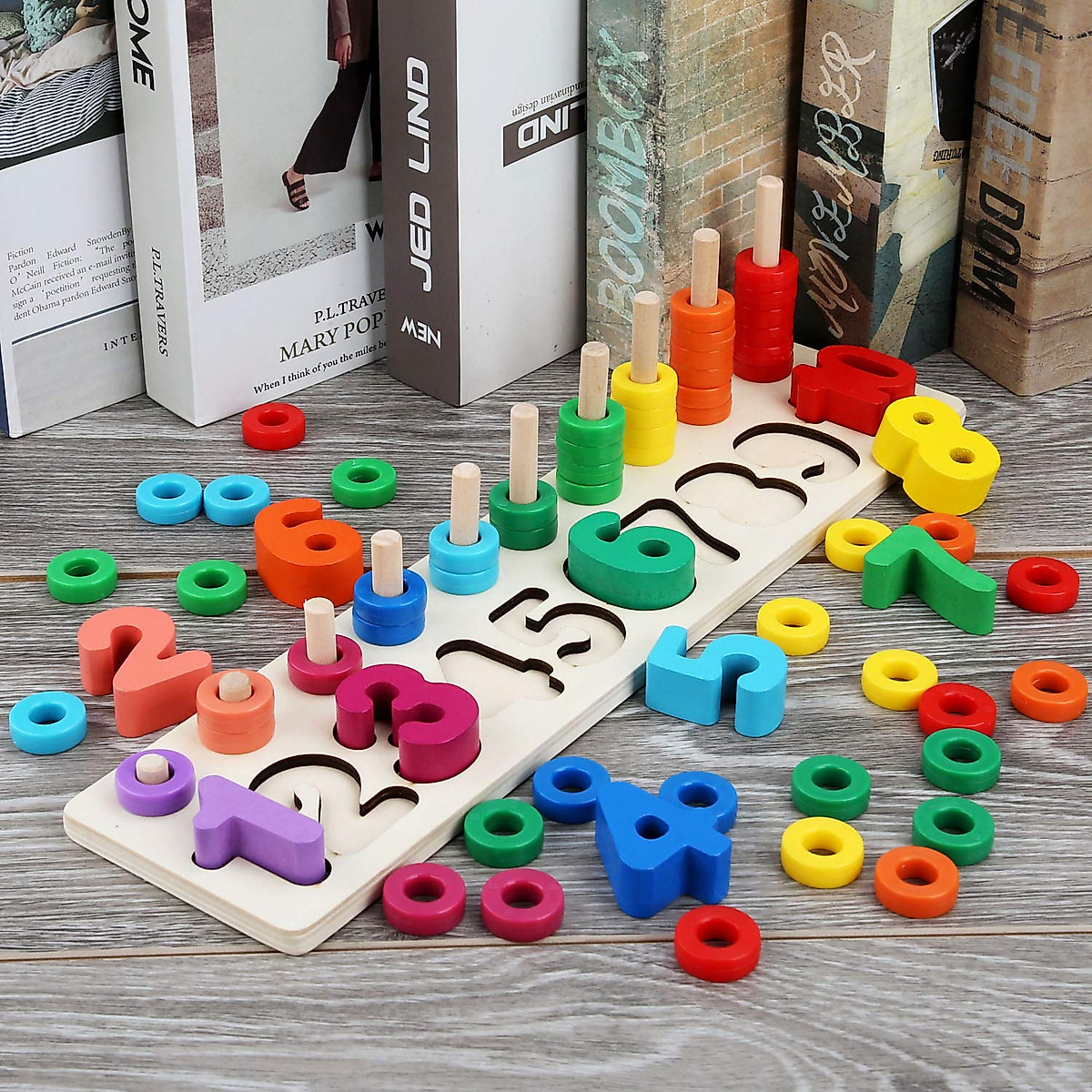 KangRuiZhe Montessori Materials Wood Math Blocks Shape Sorter Number and Stacking Learning Toys (Mathematics)