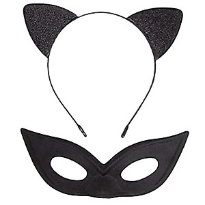 Cheerin Cat Ear Headband with Cat Mask | Glitter Kitty Cat Ears Headband with Black Mask | Halloween Cat Costume accessory for Kids and Adults | Cat themed Party, Christmas, Cosplay Party Costume