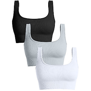 OQQ Women's 3 Piece Medium Support Tank Top Ribbed Seamless Removable Cups Workout Exercise Sport Bra Black Grey White