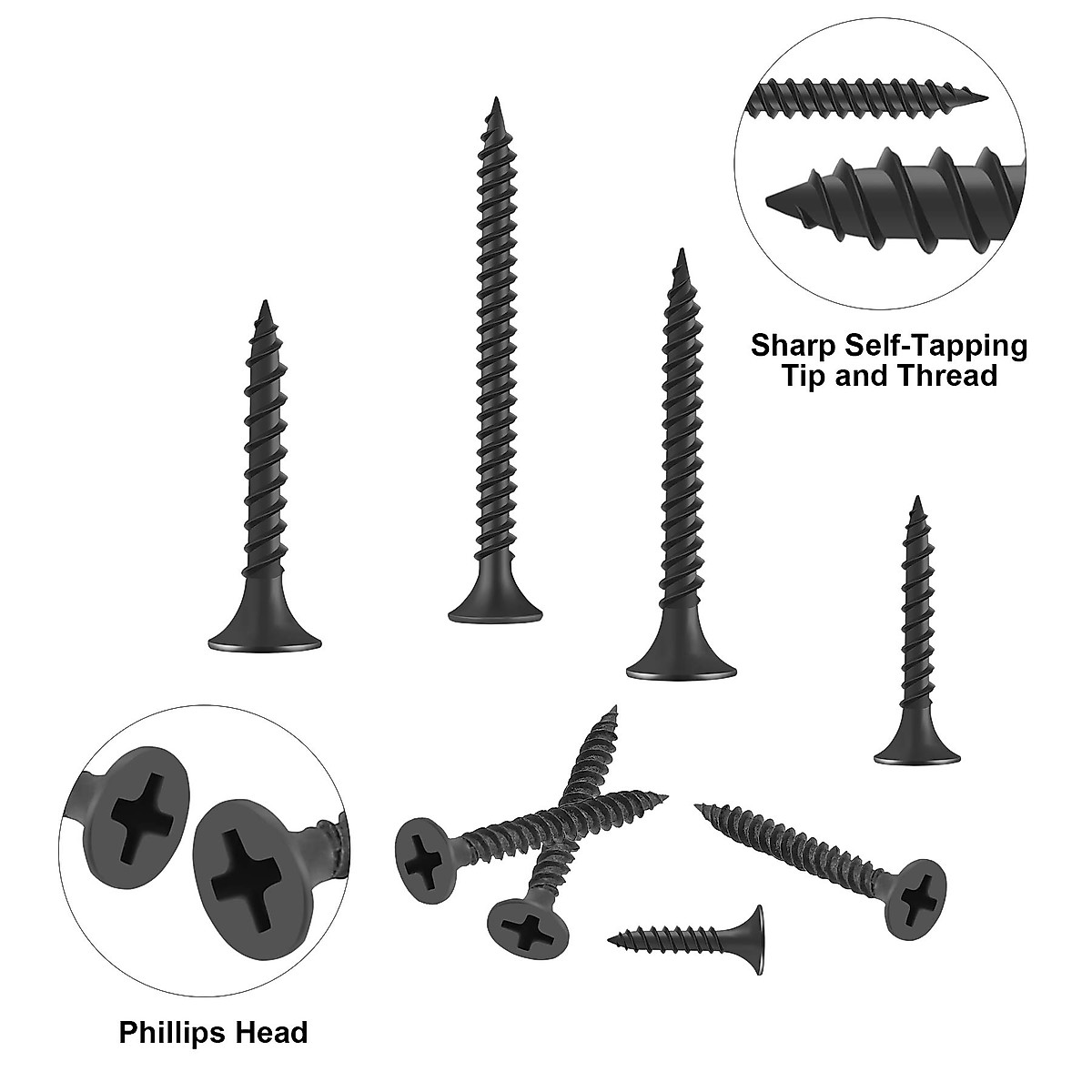 FARRAY #6 Drywall Screws, 150pcs Phillips Wood Screws Assortment Kit, Carbon Steel Black Self Tapping Screws, Screw Set for Drywall Sheetrock, Furniture
