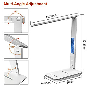 snsok LED Desk Lamp, Desk Light with Wireless Charger, USB Charging Port, Dimmable Office Desk Lamp with Clock, Alarm, Date, Temperature, Foldable Table Lamp for Table Bedroom Bedside Office, White