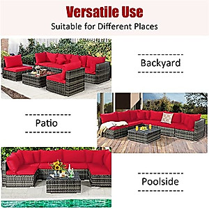 Acquire 7PCS Patio Rattan Furniture Set Sectional Sofa Garden Red Cushion Outdoor Patio Furniture Set