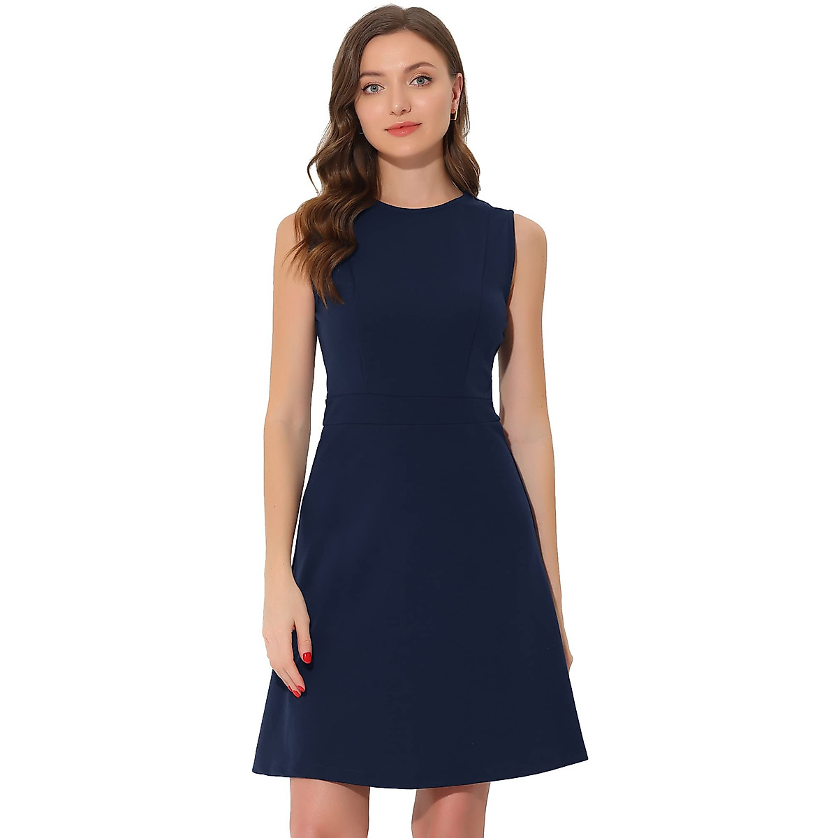 Allegra K Women's Work Dress Round Neck Solid Color Sleeveless A-Line Casual Office Dresses Medium Dark Blue