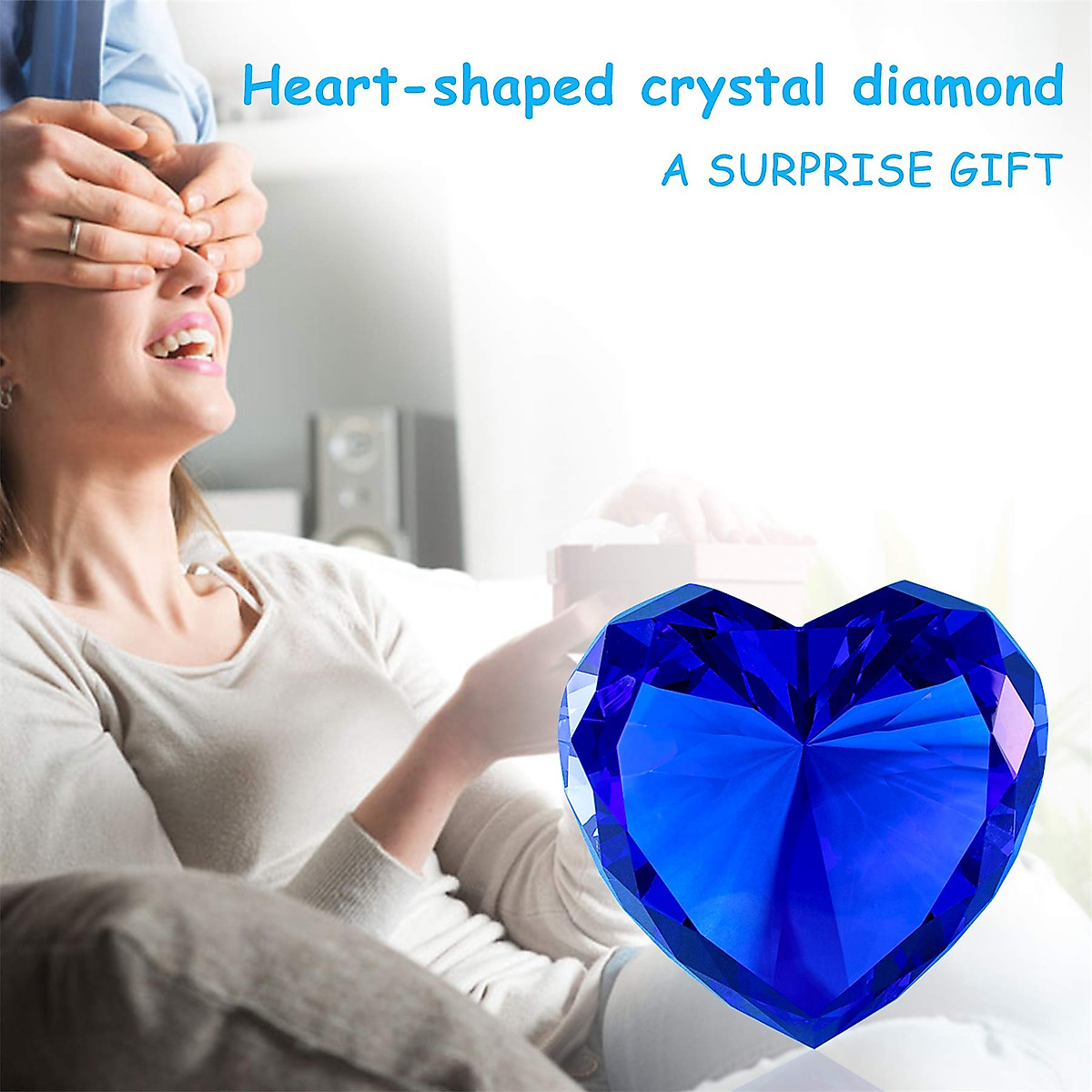 Blue Crystal Diamonds Paper Weights, Heart Shape Real Diamond Glass Gems Paperweight for Decoration, Big Diamonds Home Office Decor Valentine's Day Gift Wedding Favors with Gift Box 80mm