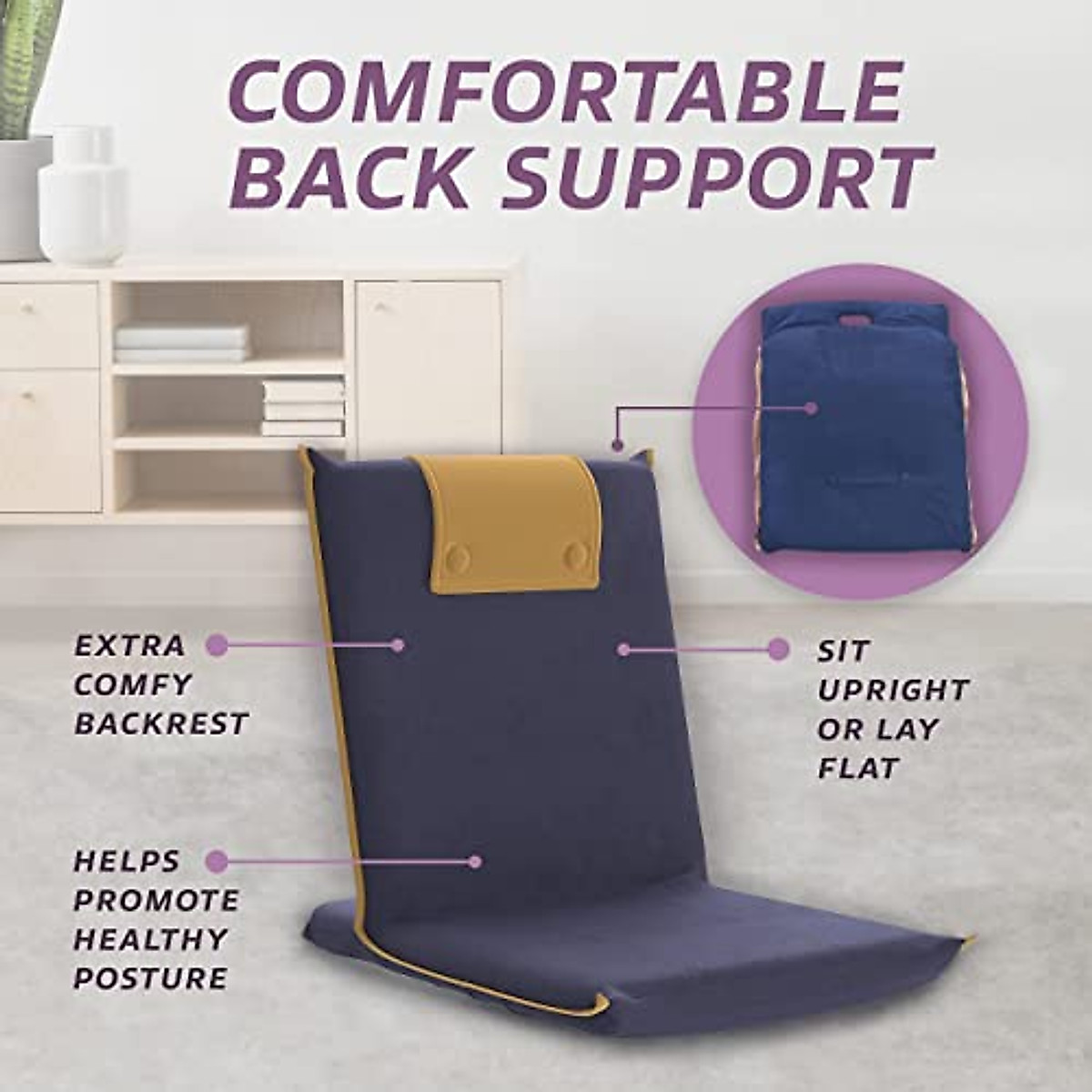 bonVIVO III Floor Chair with Back Support - Floor Gaming Chair, Padded Folding Sofa Chair, Folds Half, Adjustable Meditation Chair, Portable Floor Seat for Adults and Kids, Folds Half - Blue & Beige