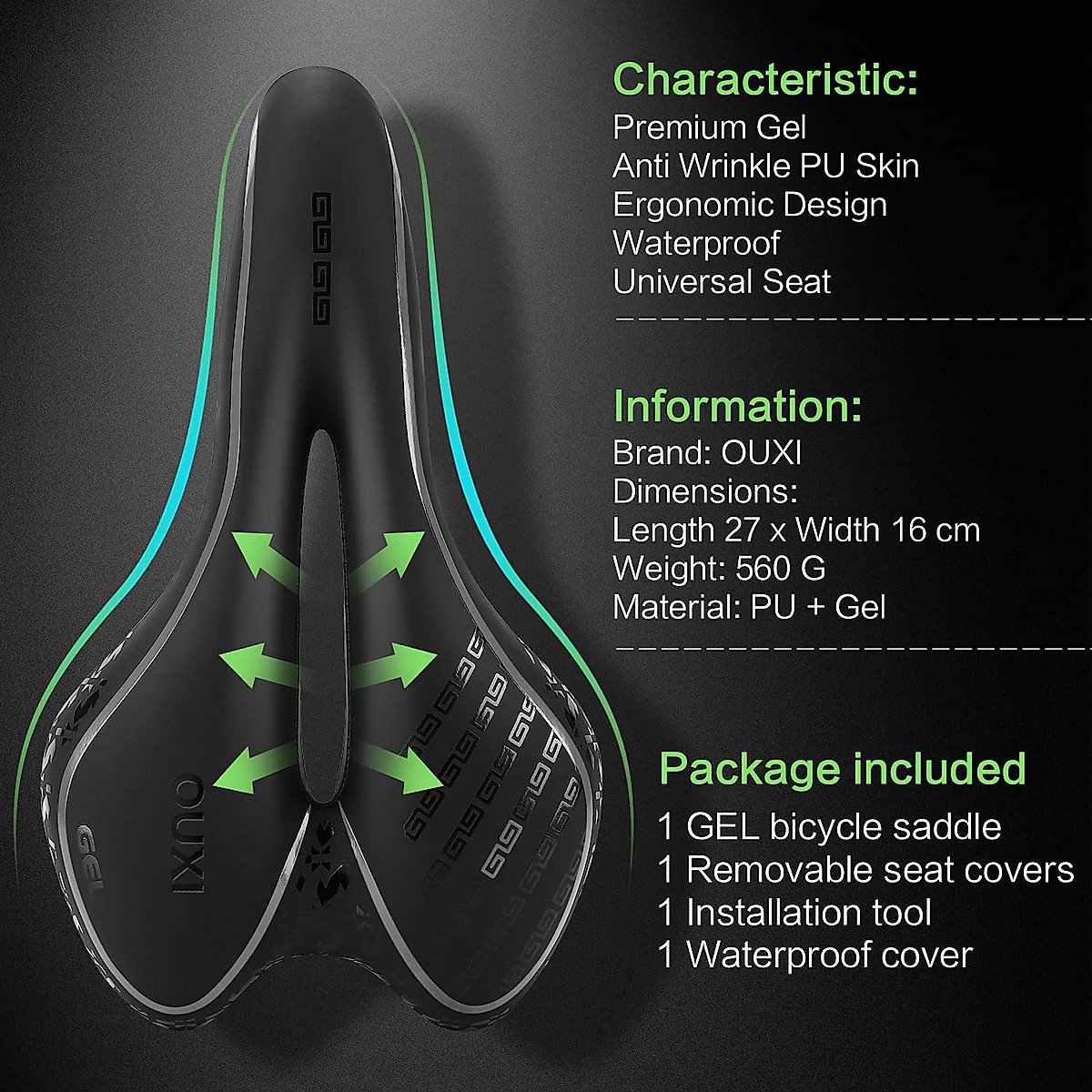 OUXI Comfort Bike Seat Comfortable Gel Bicycle Saddle Replacement Soft Padded with Shock Absorbing Waterproof for MTB Mountain Bike Road Bike Exercise Bike Men Women and Ladies-Black