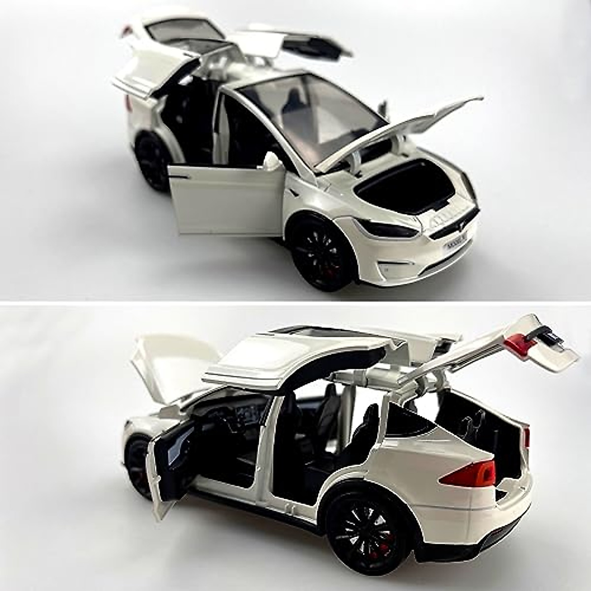 1:24 Scale Model X Alloy Car Model Diecast Toy Vehicles for Kids, car Model X Gull Wing Door，Pull Back Alloy Car with Lights and Music,Gifts for Boys and Girls (White)