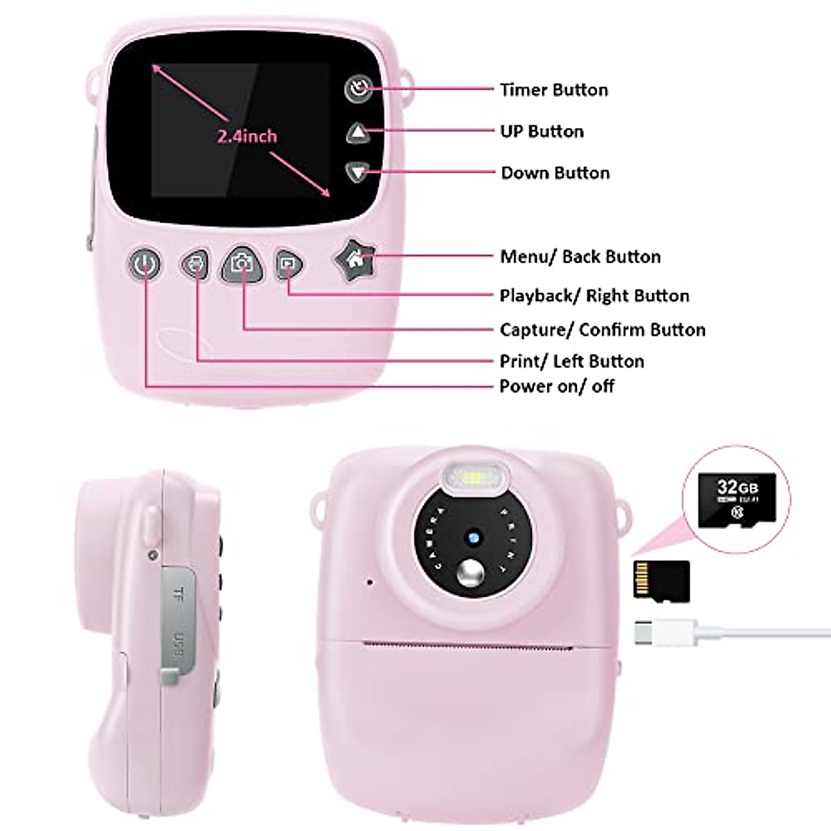 Lincom Tech Instant Print Camera Kids - Kids Digital Print Camera 18MP 1080P HD Video Recorder Zero Ink Portable Cameras Creative Print Toddler Camera Toys Gifts 3-12 Years Old Boys and Girls (Pink)