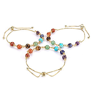 MANIFO 7 Chakra Crystals Bracelet 14K Gold Reiki Healing Crystal Gemstone Adjustable Link Bracelets for Yoga Meditation