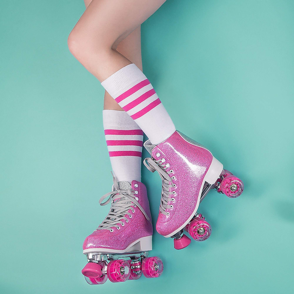 C SEVEN Sparkly Retro Quad Roller Skates (Glitter Pink, Women's 7 / Youth 6 / Men's 6)