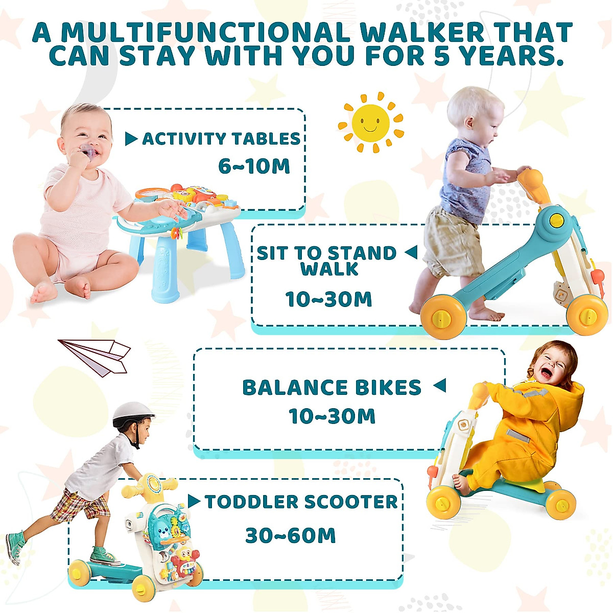 Meryi Sit-to-Stand Walker with Activity Center – Multifunctional Baby Push Walker with Interactive Learning Table– Early Learning Infant Walker for Toddlers, Kids 12-18 Months-Adjustable Wheel Speed