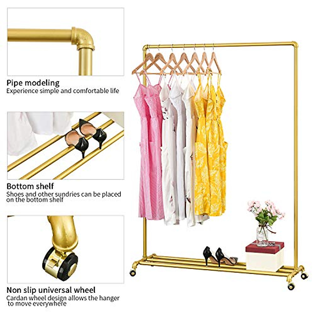 BOSURU Industrial Pipe Rolling Clothing Rack Garment Rack with Wheels Retail Display Clothes Racks Perfect for Laundry Rooms Bedrooms or Boutiques Gold